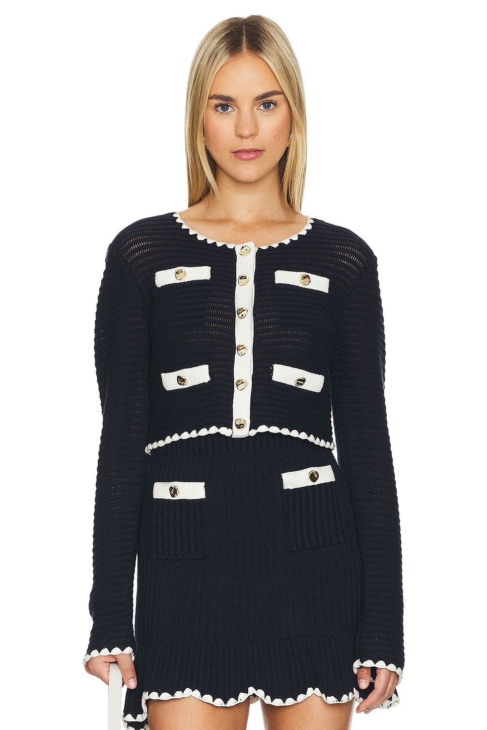 self-portrait Contrast Trim Cardigan in Navy | REVOLVE