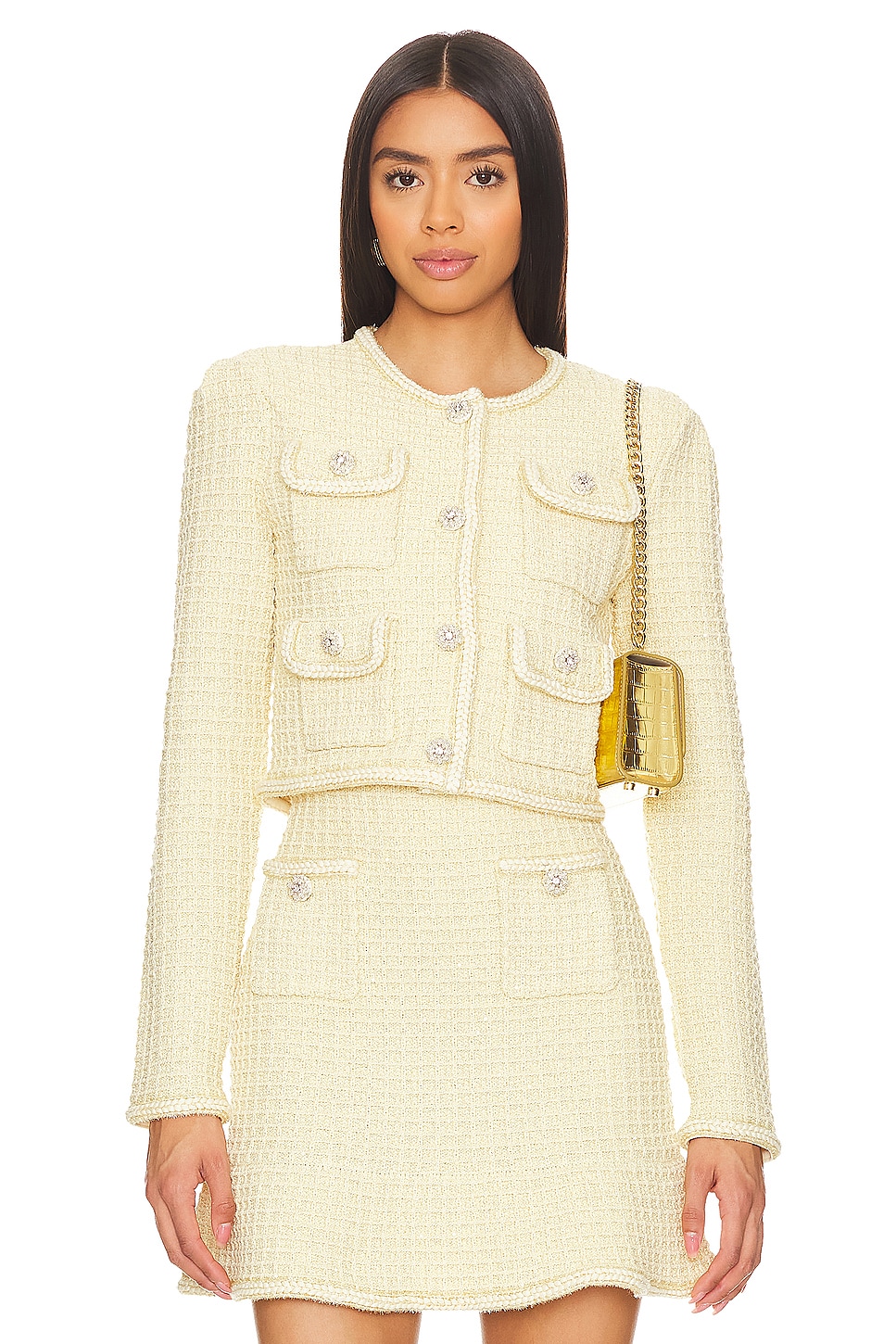 self-portrait Textured Knit Jacket in Yellow | REVOLVE
