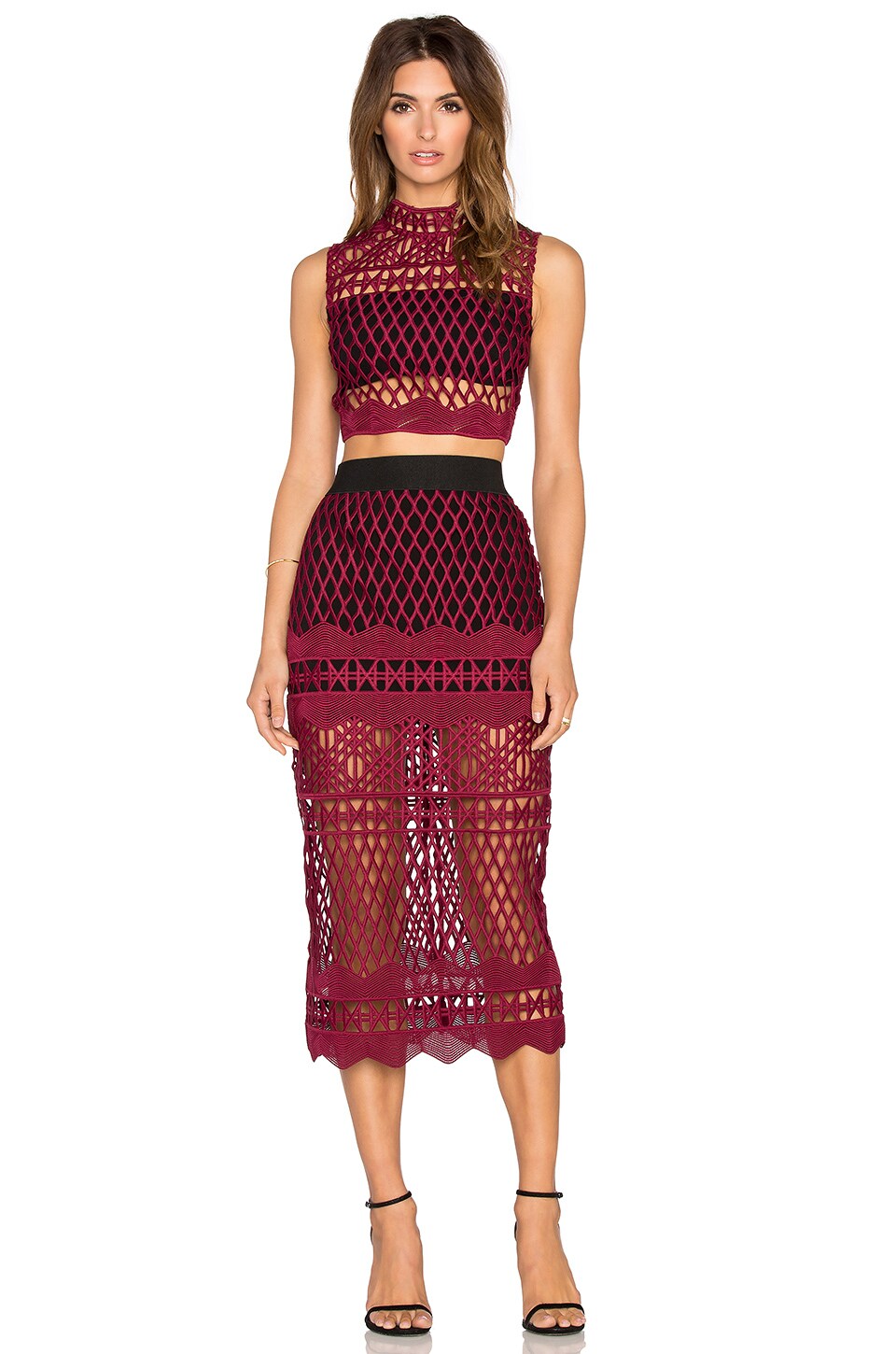 self-portrait Cut Out Lace Crop Top in Burgundy & Black | REVOLVE