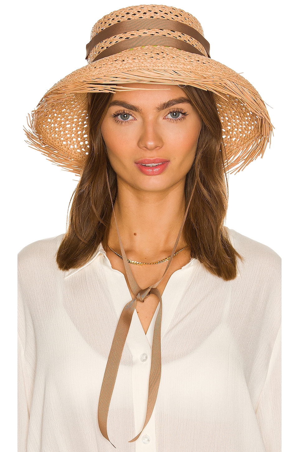 SENSI STUDIO Ribbon Calado Hat in Beige Straw & Sable Band | REVOLVE