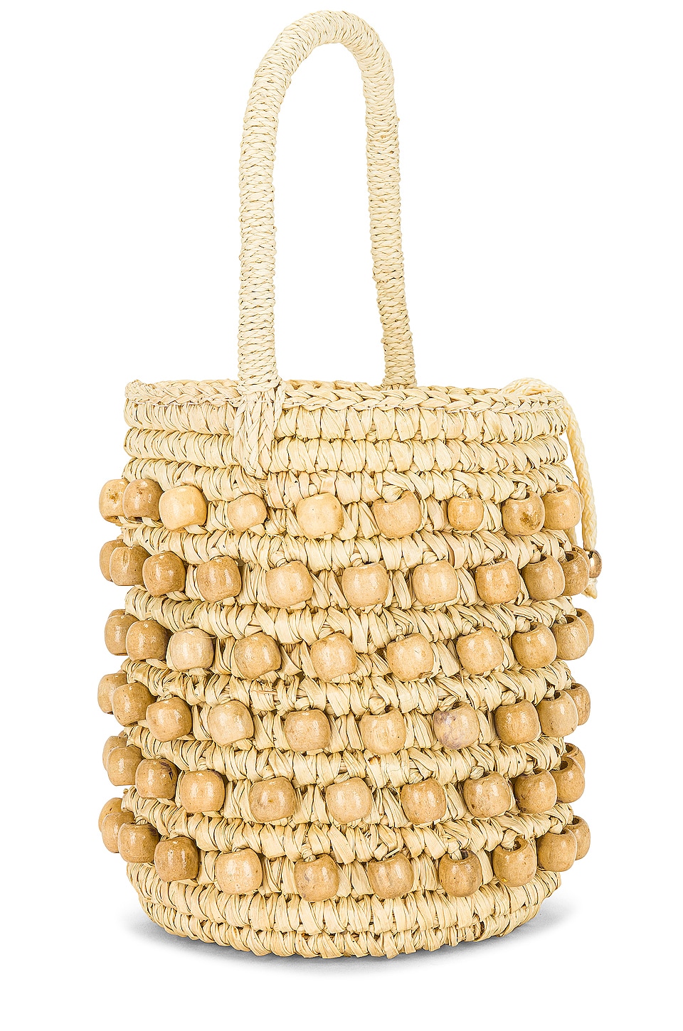 SENSI STUDIO Wood Beaded Mini Bucket Bag in Natural Straw & Beads | REVOLVE