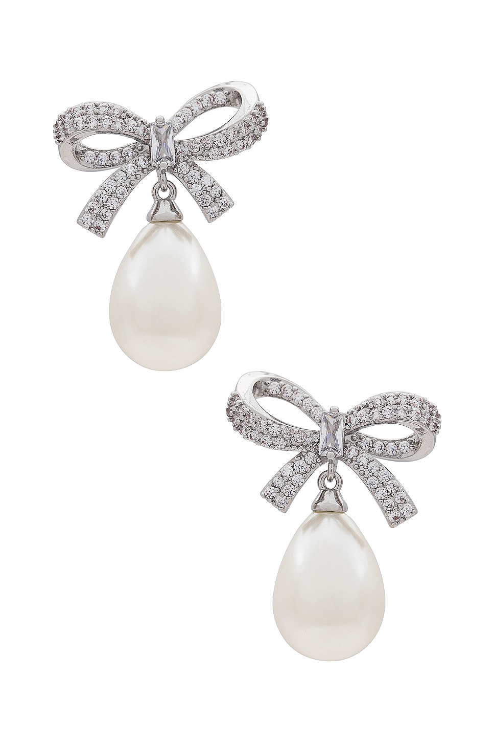 SHASHI Pave Bow Pearl Drop Earring in Silver | REVOLVE