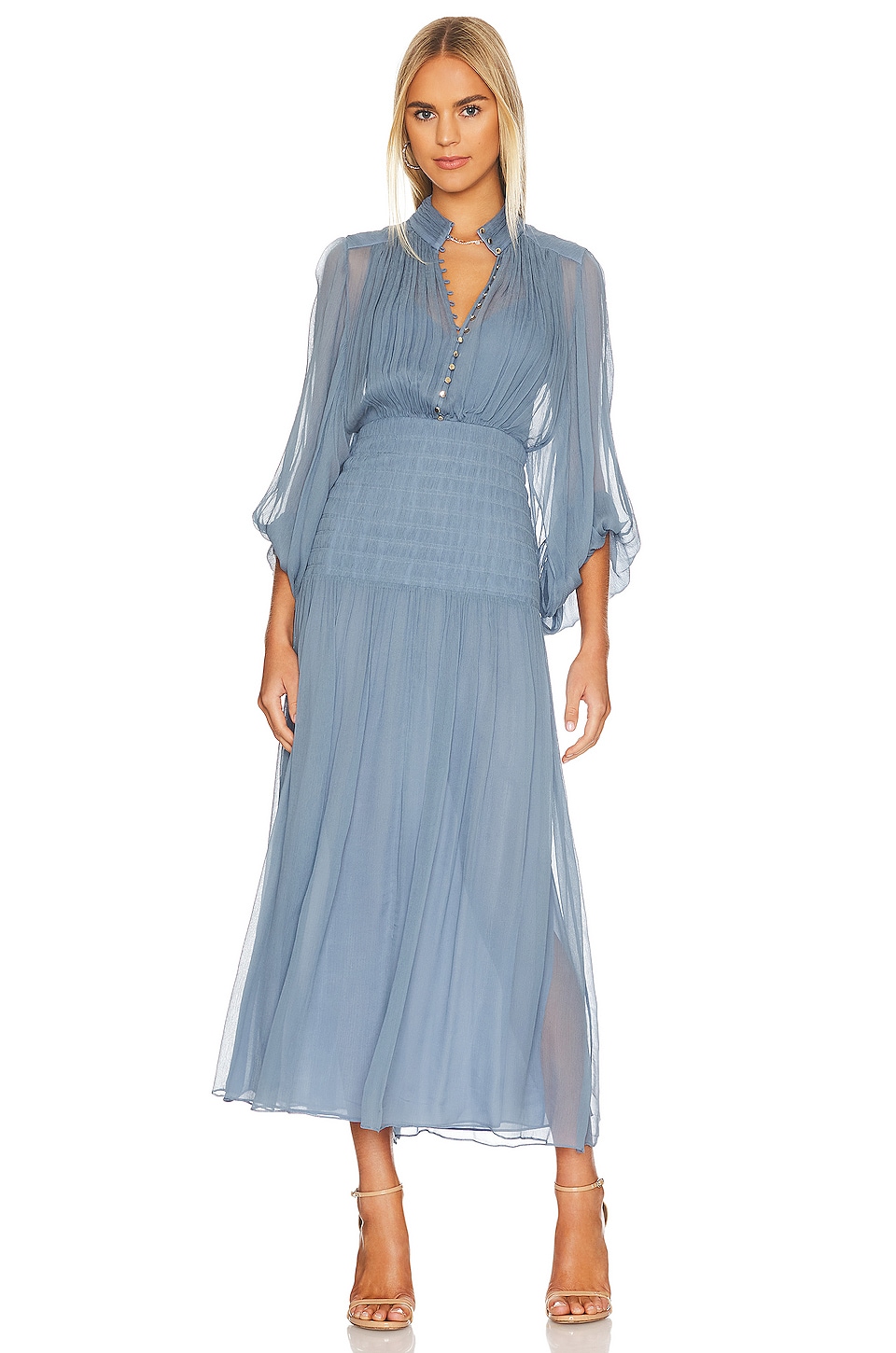 Shona Joy Lauren Ruched Midi Dress in Dusty Blue | REVOLVE