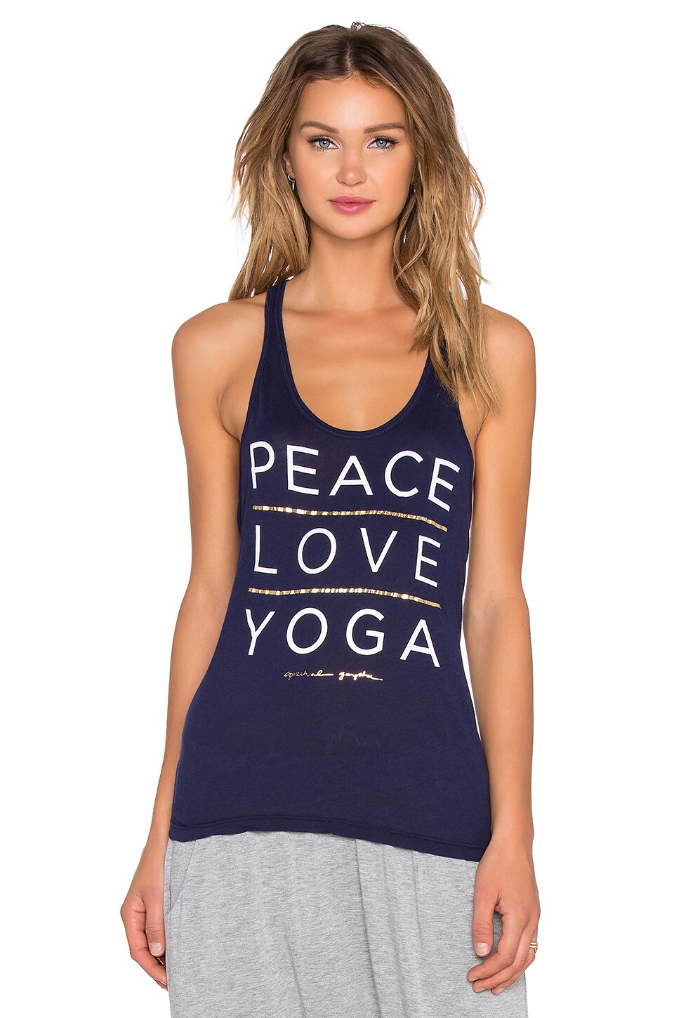Spiritual Gangster "Peace Love Yoga" Stacked Tank in Pacific Blue | REVOLVE