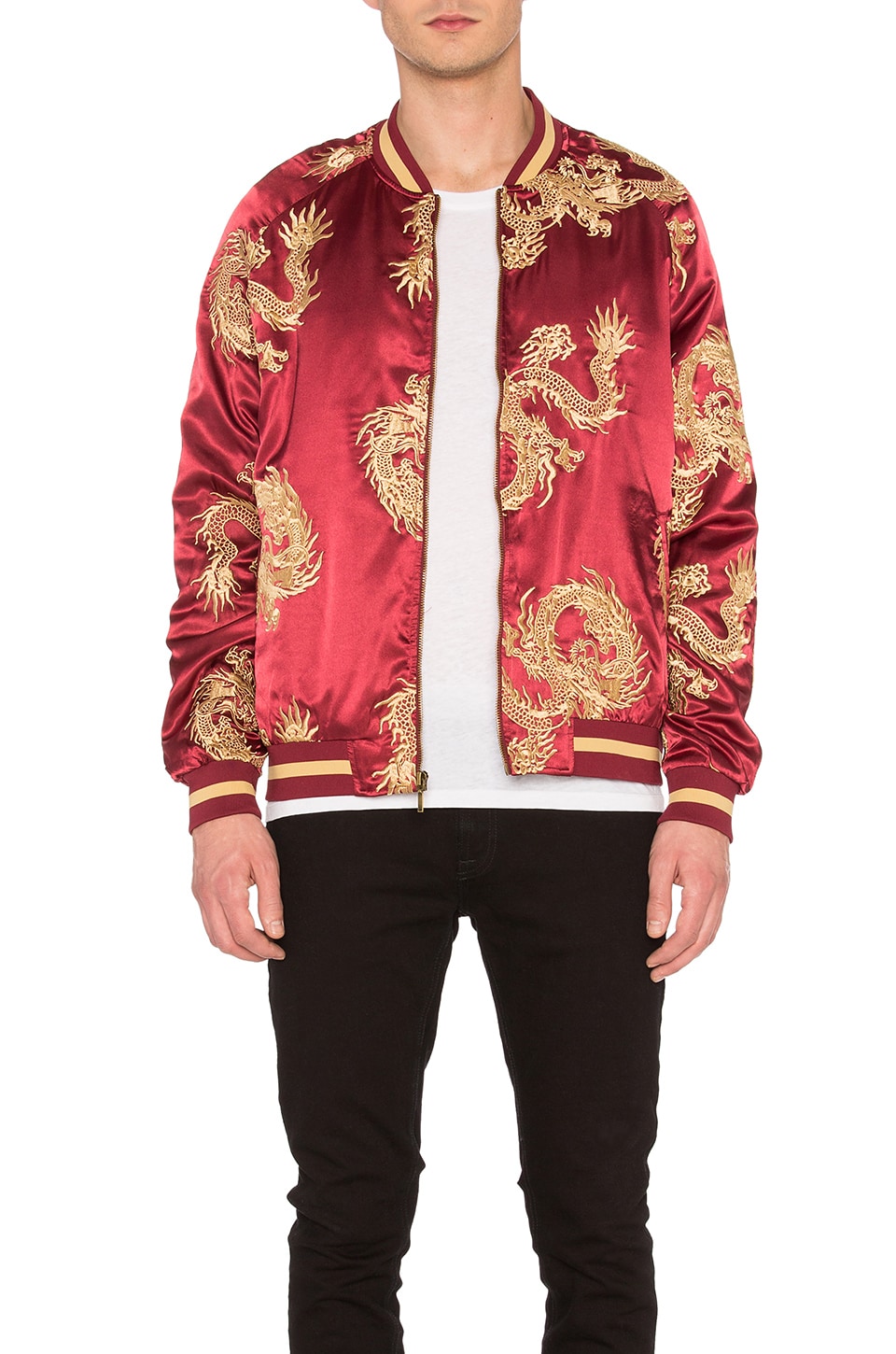 Standard Issue Dragon Bomber Jacket in Burgundy & Gold | REVOLVE