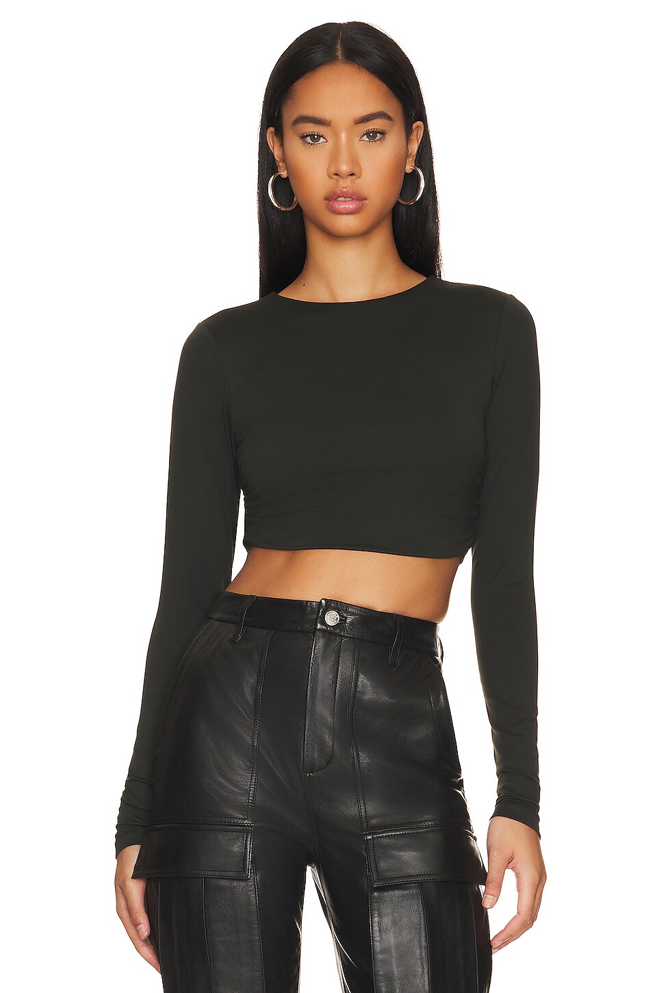 Susana Monaco Crew Side Gather Crop Top in Caviar | REVOLVE
