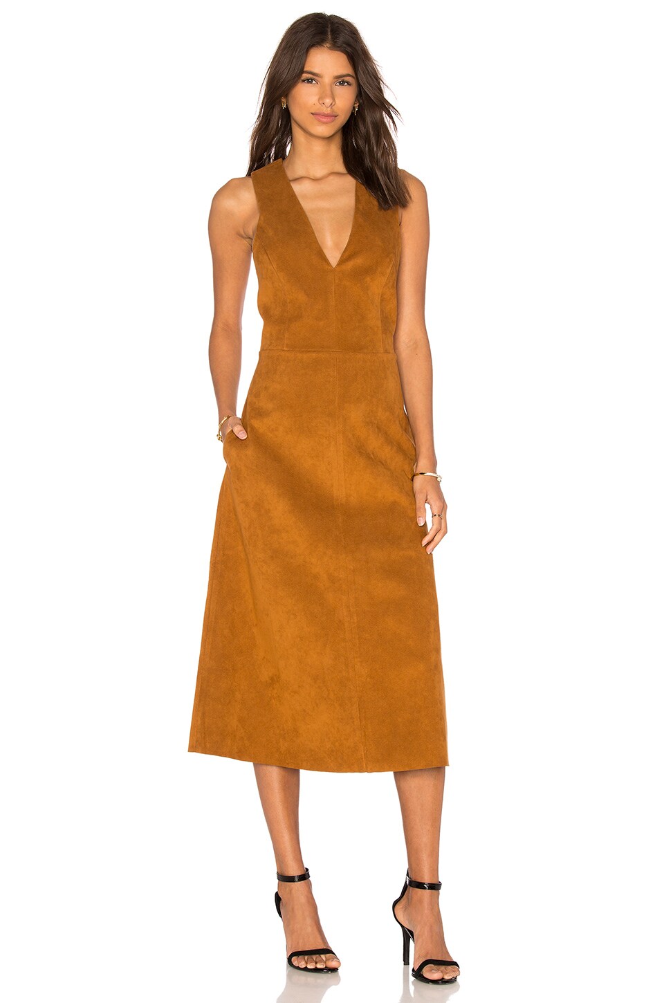 Tibi Deep V Neck Overall Dress in Cinnamon Brown | REVOLVE