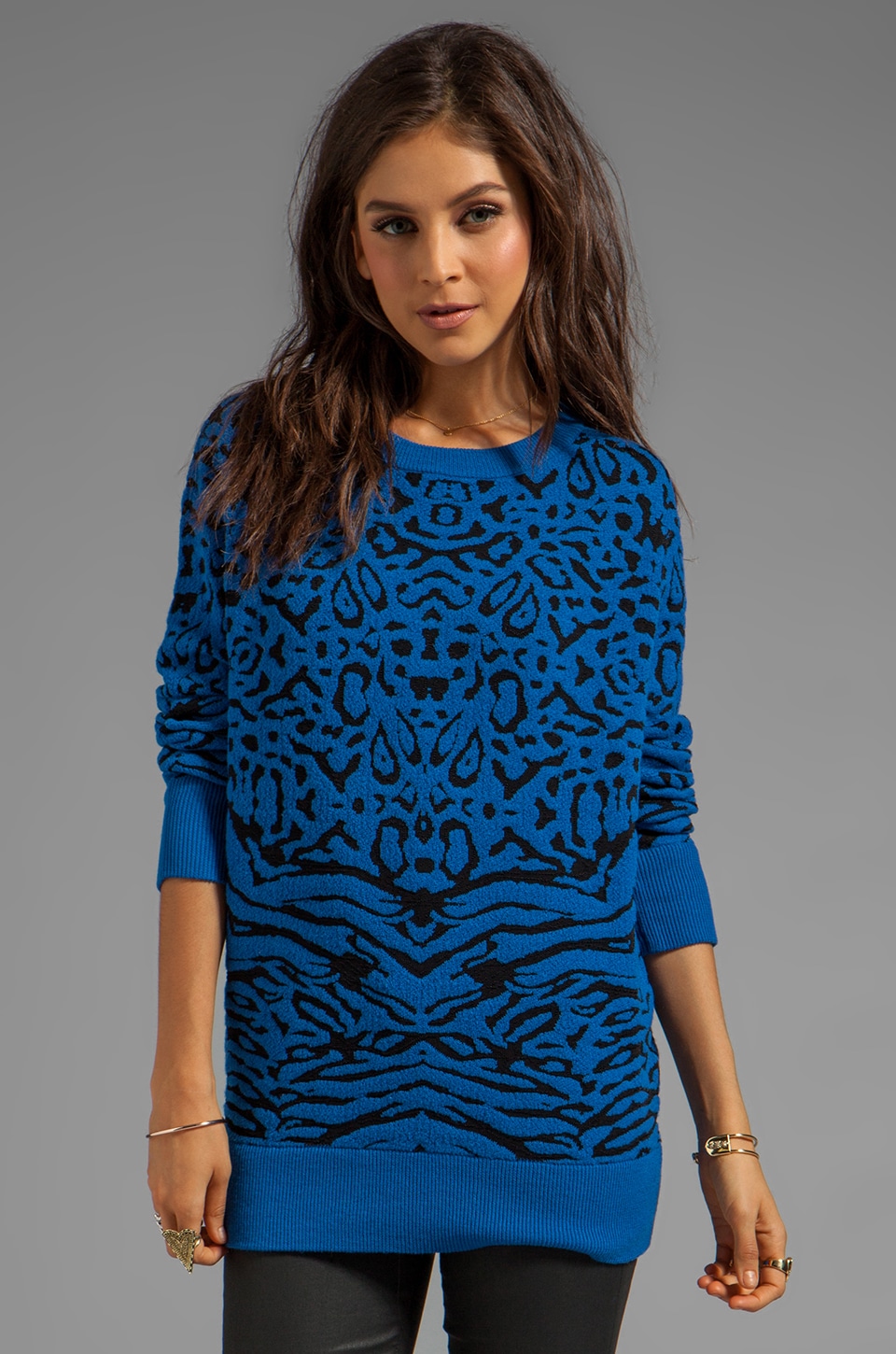 Torn by Ronny Kobo Randy Puffy Leopard Sweater in Blue | REVOLVE