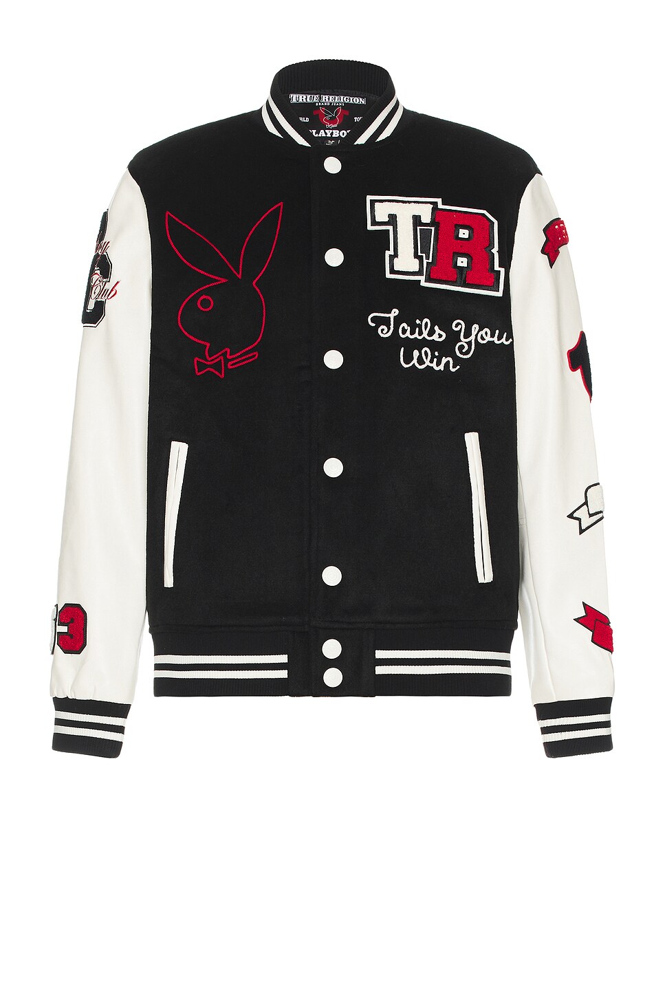 True Religion x Playboy Good Bunny Varsity Jacket in Black & Winter White | REVOLVE