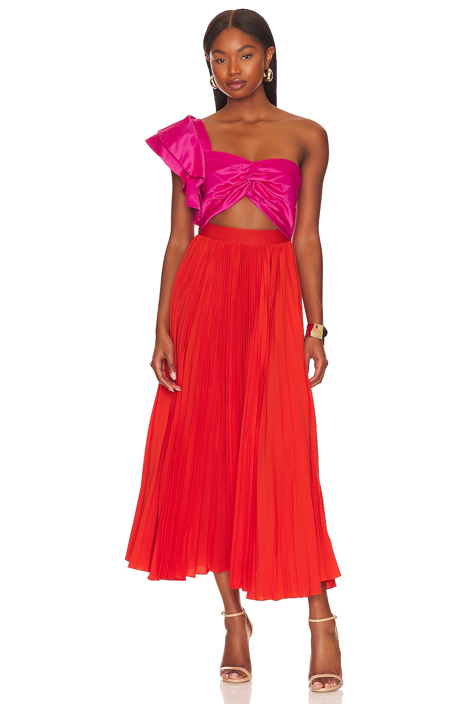 AMUR Cleopatra Pleated Dress in Scarlet Orange & Pink Lemonade | REVOLVE
