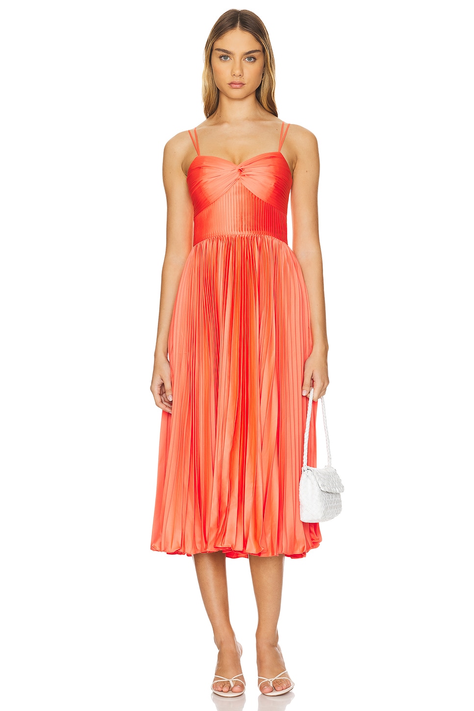 AMUR Krisley Pleated Midi Dress in Spicy Coral | REVOLVE
