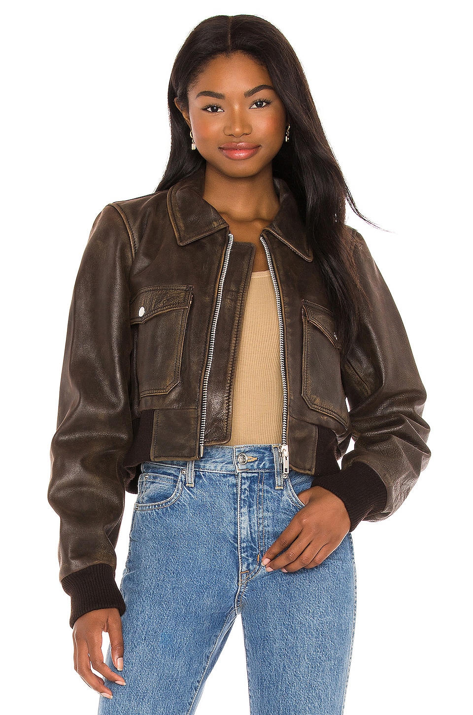 Understated Leather Spirit Bomber Jacket in Vintage Brown | REVOLVE