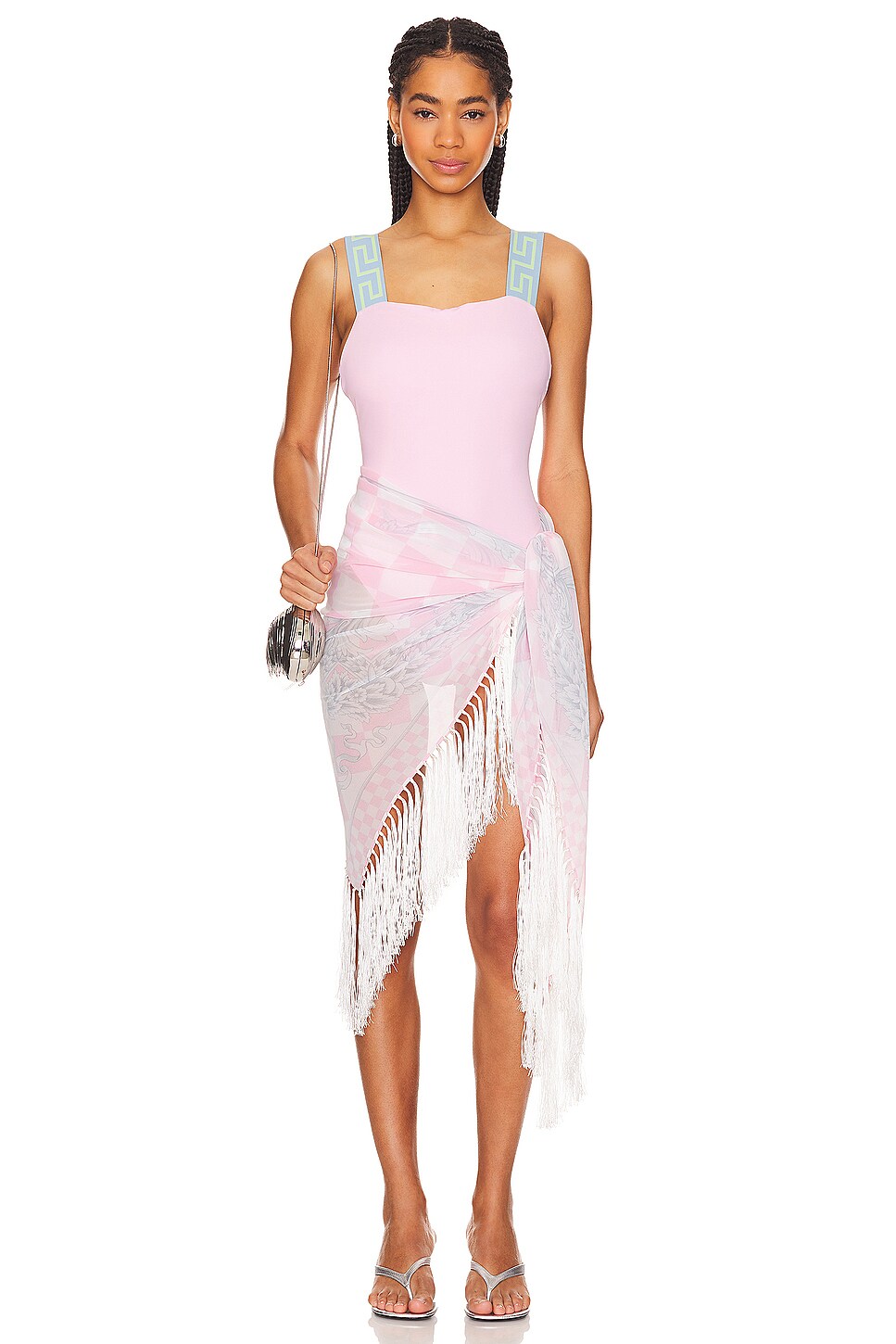 VERSACE Barocco Damier Pareo in Pastel Pink, White, & Silver | REVOLVE
