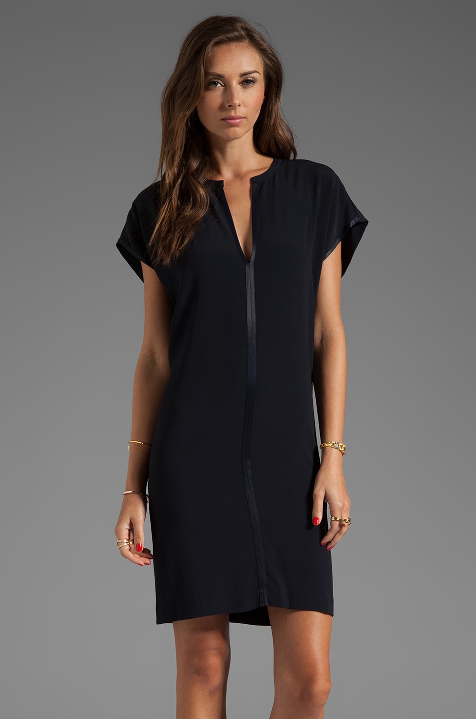 Vince Satin Split Neck Dress in Coastal | REVOLVE