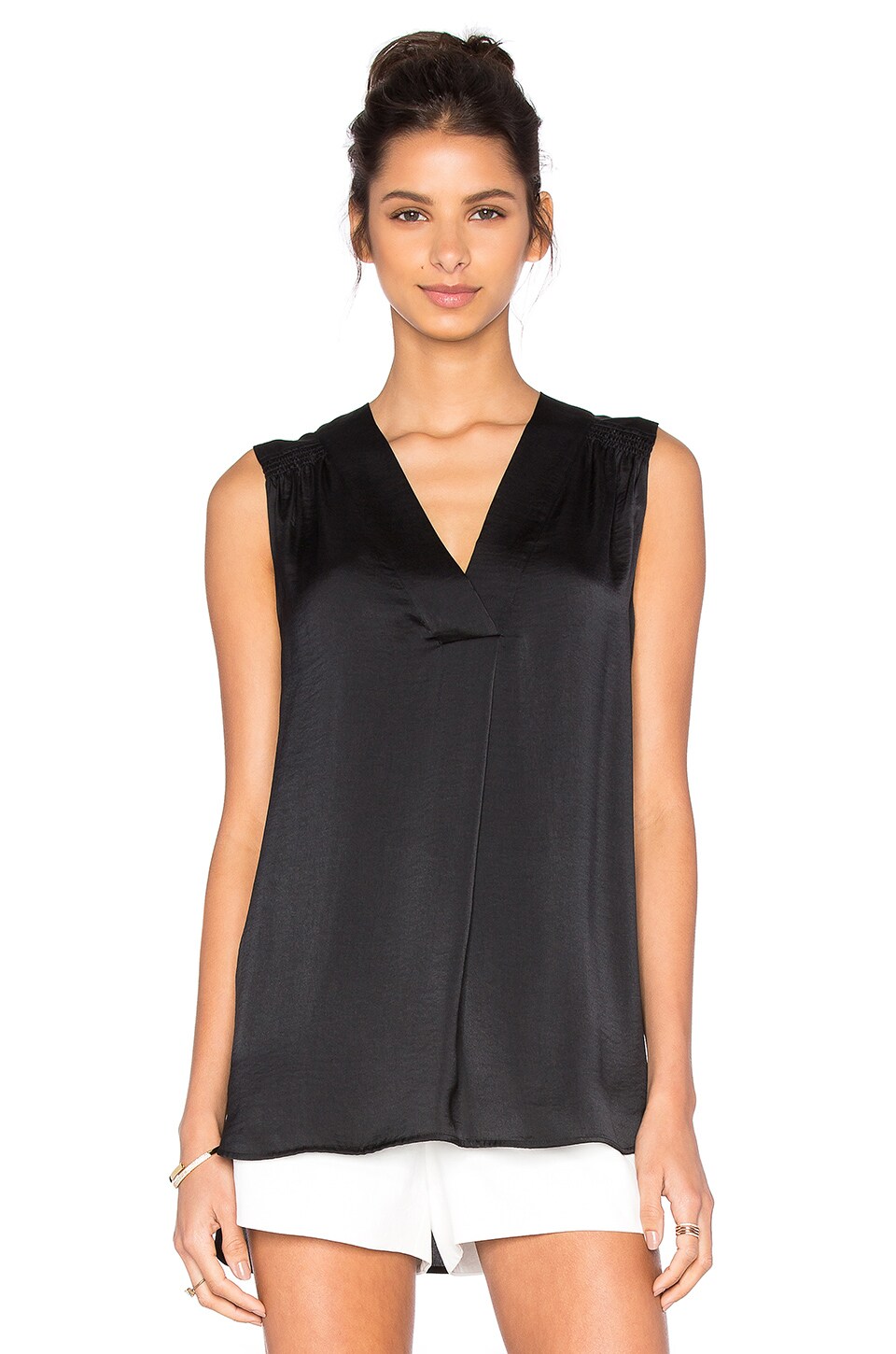 Vince Smocked Shoulder Deep V Tank in Black | REVOLVE