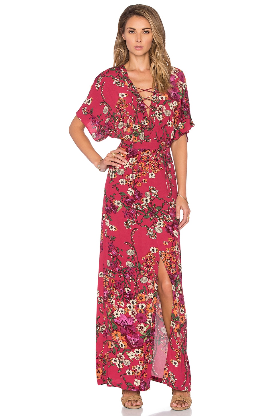 WAYF Lace Up Midi Dress in Red Botanical | REVOLVE