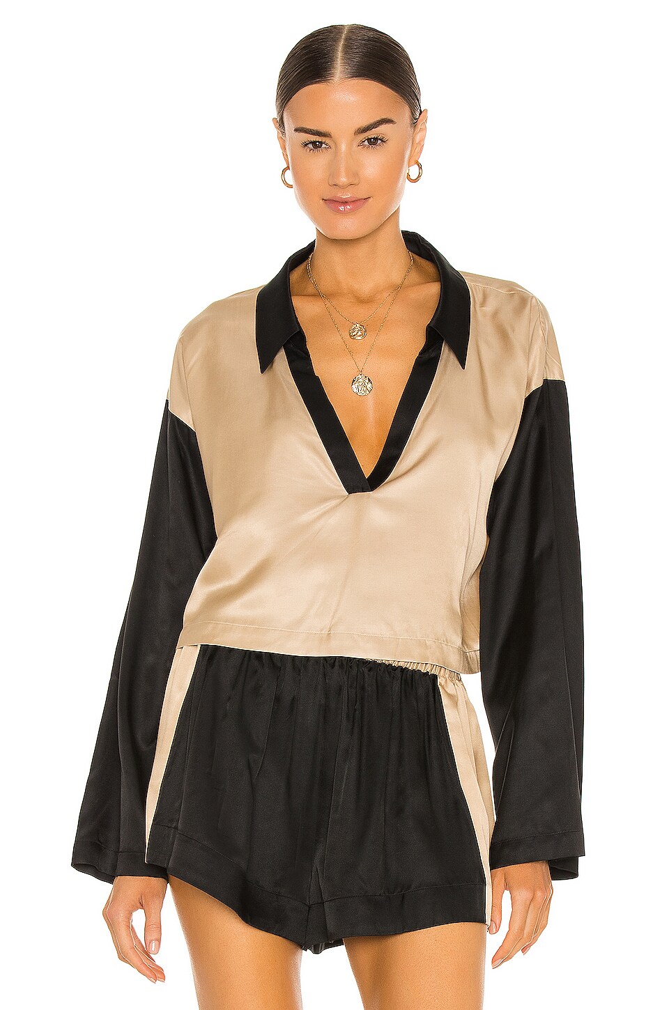Weekend Stories Jade Top in Champagne & Black | REVOLVE