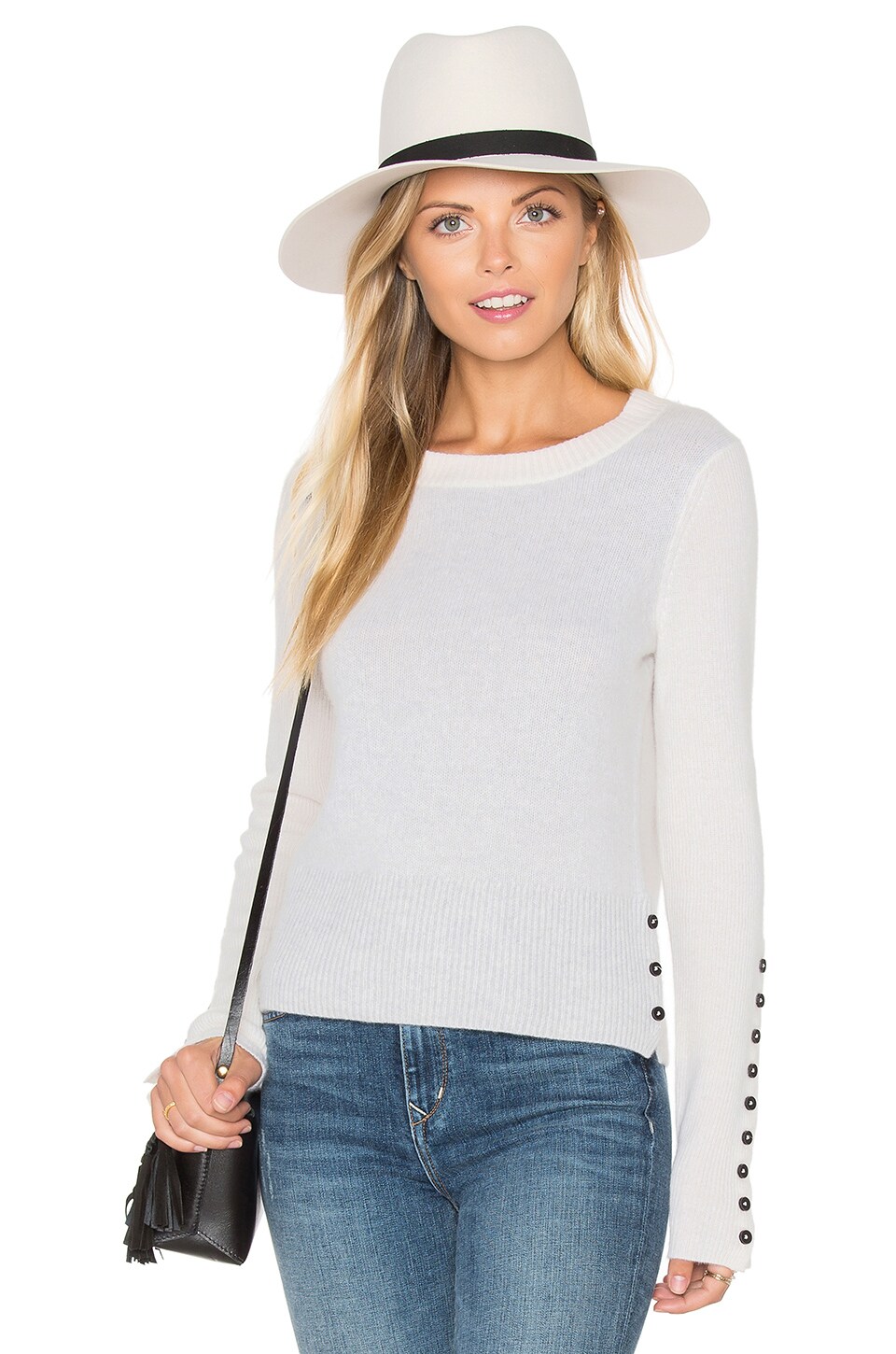 White & Warren Button Crew Neck Sweater in White & Silver | REVOLVE