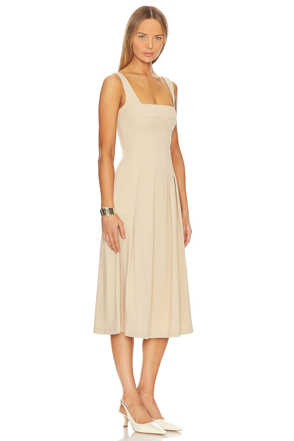 WeWoreWhat Corset Pleated Midi Dress in Beige | REVOLVE