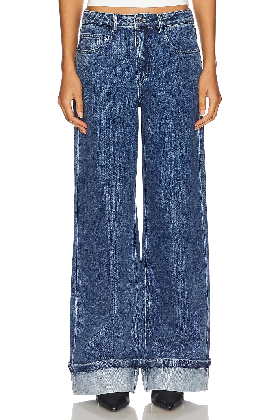 WeWoreWhat Cuff Straight Leg Jeans in Mid & Dark Light | REVOLVE