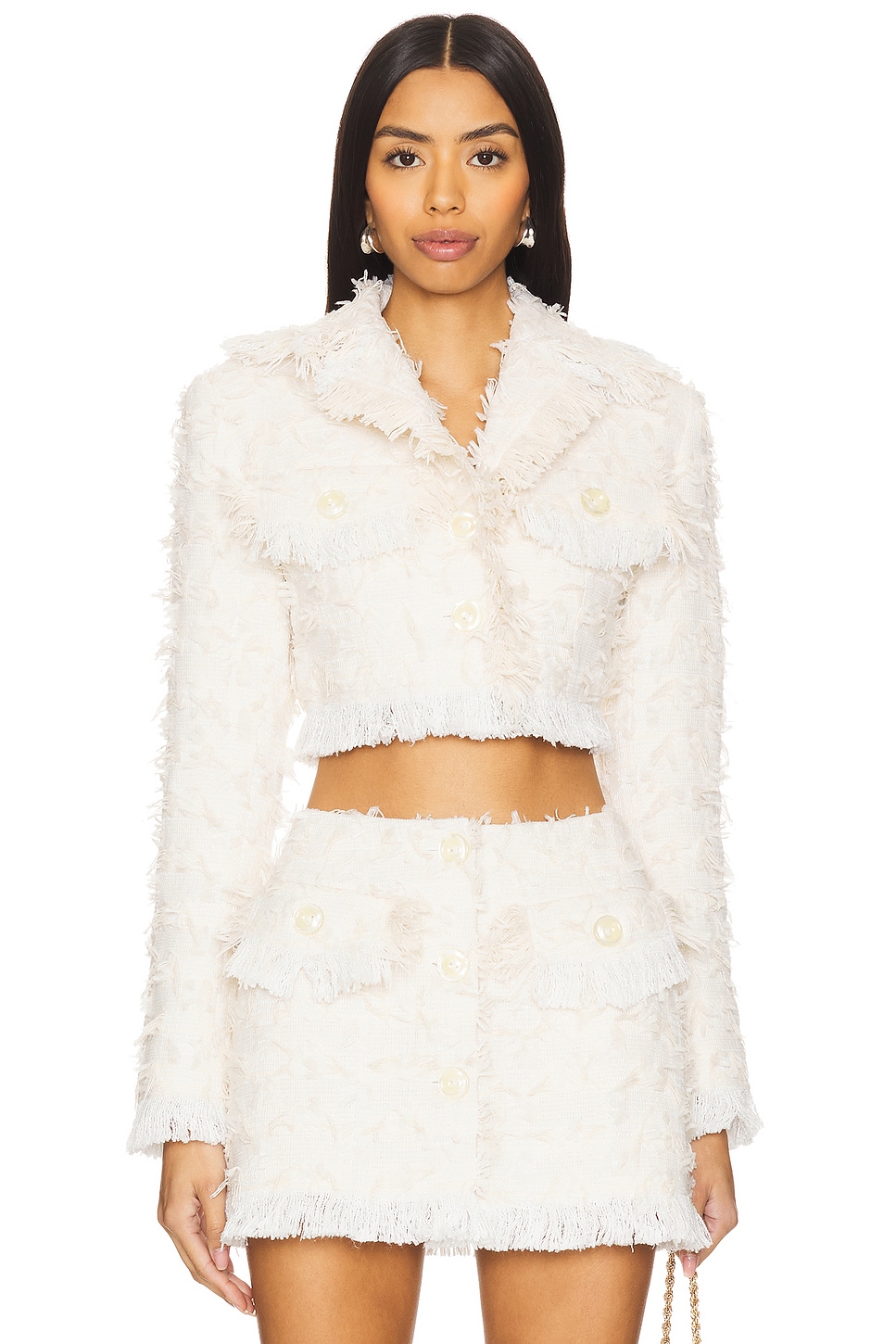 Yuhan Wang Frayed Tweed Jacket in White | REVOLVE