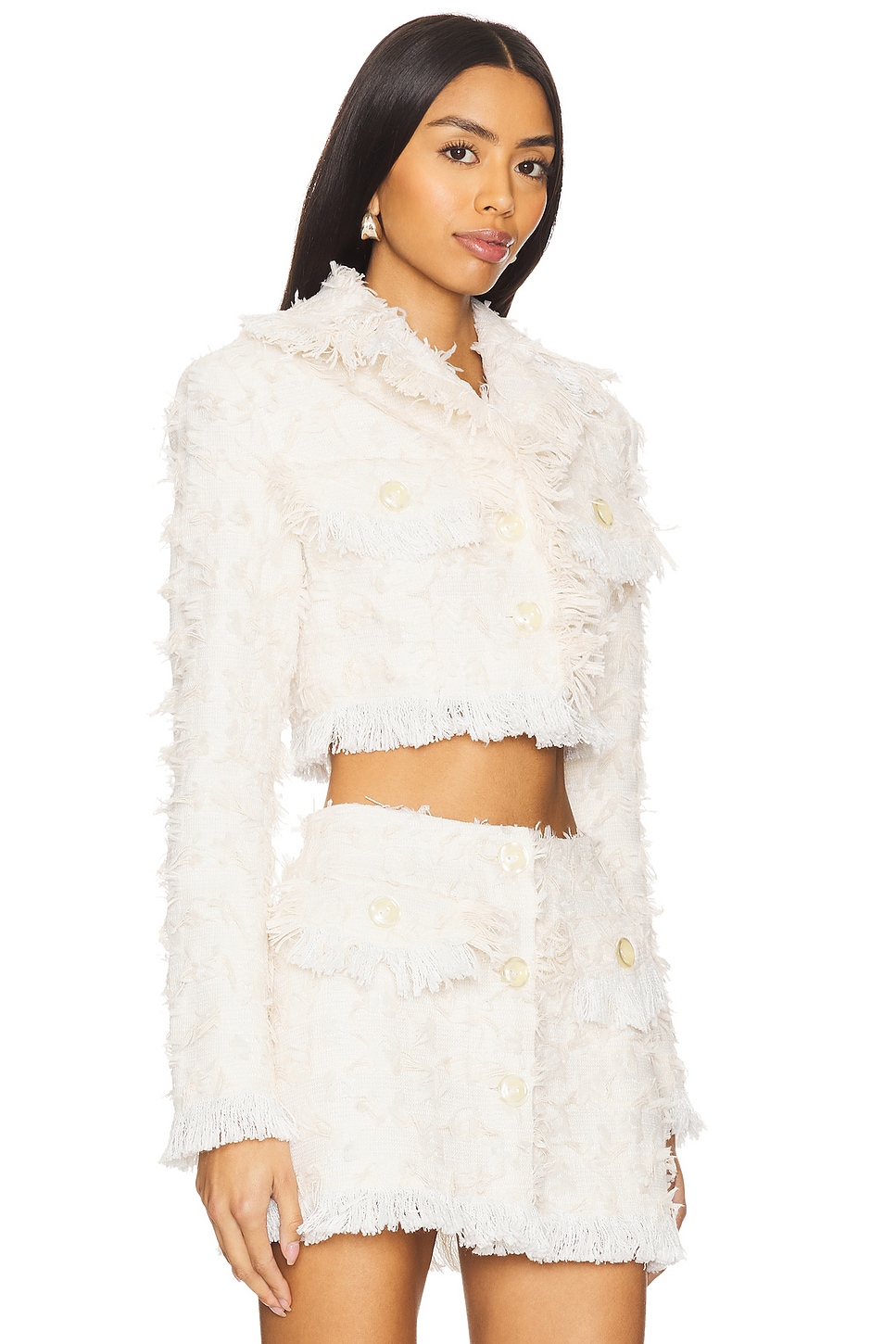 Yuhan Wang Frayed Tweed Jacket in White | REVOLVE