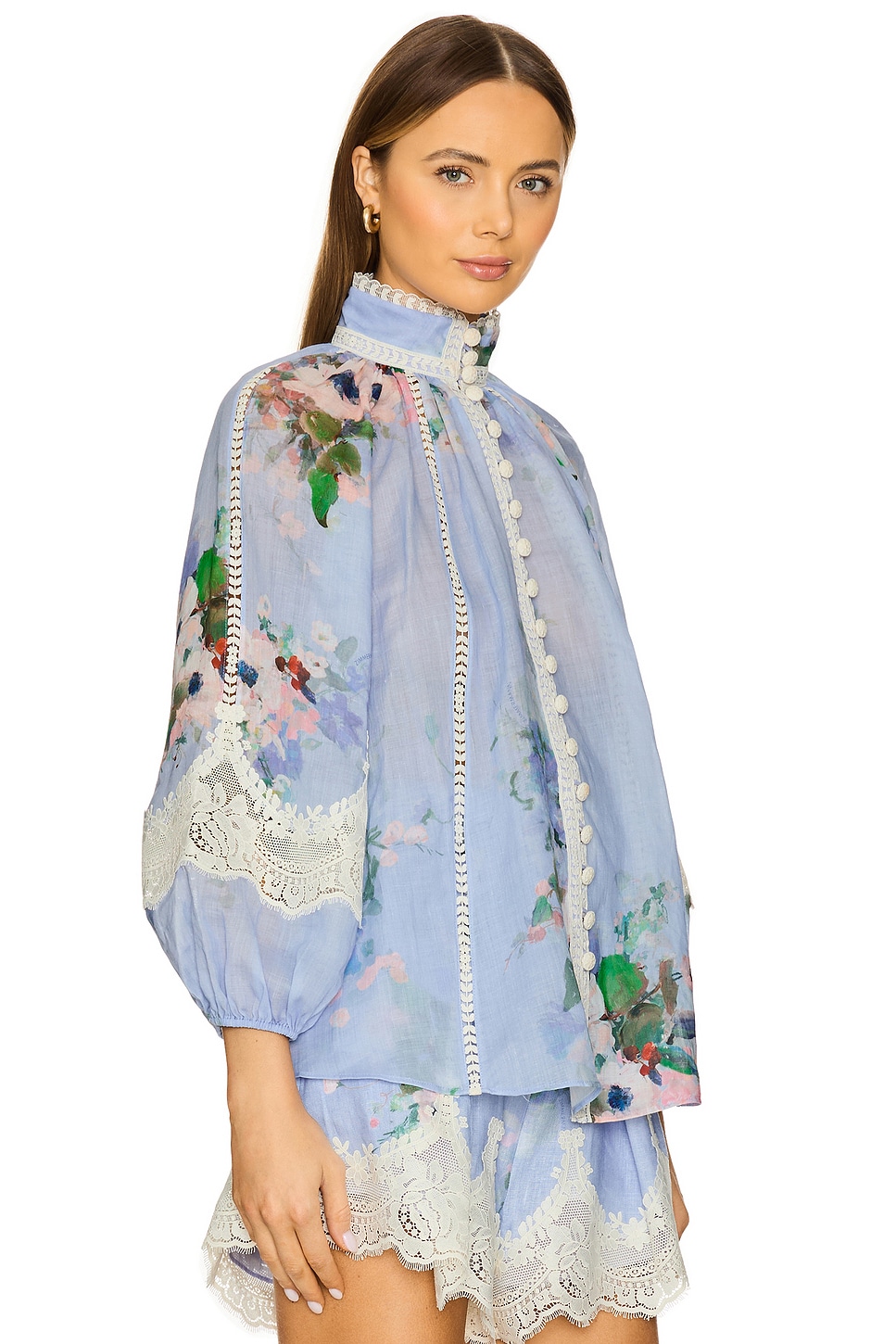 Zimmermann Everley Lace Trim Blouse in Light Blue Watercolour Floral ...